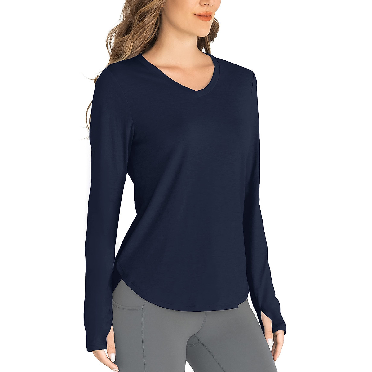 Hiverlay Long Sleeve Workout Shirts for Women V Neck UPF 50+ Athletic Shirts with Thumbhole Running Loose Active T-Shirts Navy Blue m