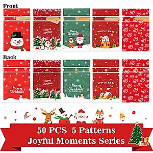 JOINDO 50 pcs Christmas Treat Bags, 6x9 Drawstring Holiday Goodie Bags for Party Favor, Stand up Xmas Candy bags (Joyful Moments Series)
