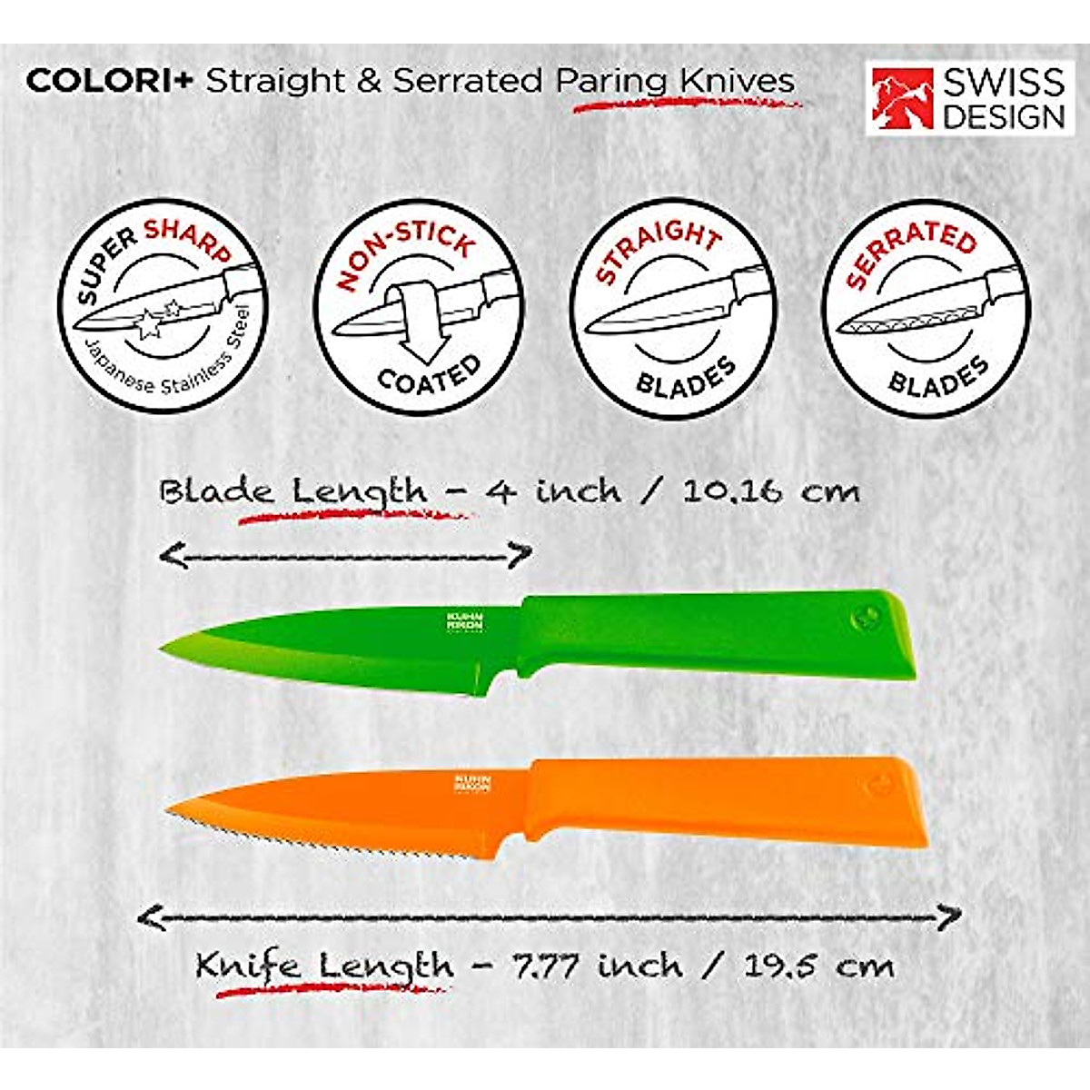 Kuhn Rikon COLORI+ Non-Stick Straight and Serrated Paring Knives with Safety Sheaths, Set of 2, Orange and Green