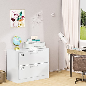 LISSIMO Lateral File Cabinet with 2 Drawer, Locking Filing Cabinet for Home Office,Metal Storage Cabinet for Letter/Legal Size with Anti-tilt Mechanism (White)