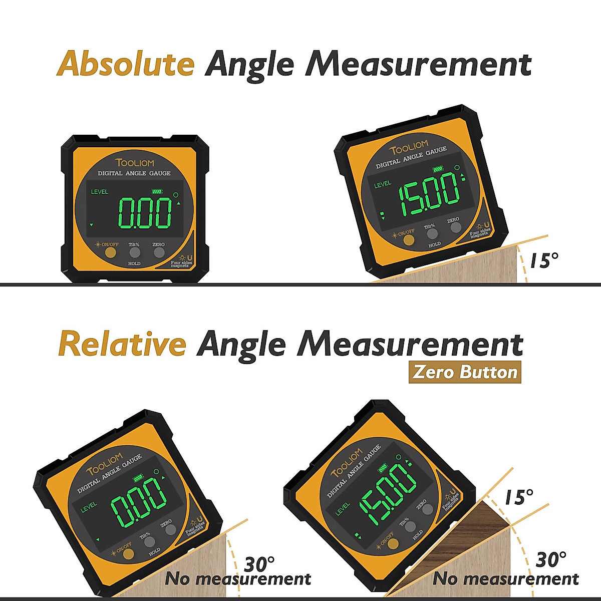 TOOLIOM Digital Angle Finder with Dual Electronic Laser 4-side Strong Magnetic Angle Gauge Rechargeable Digital Level Tool with Type-C Charging Port for Woodworking and Building