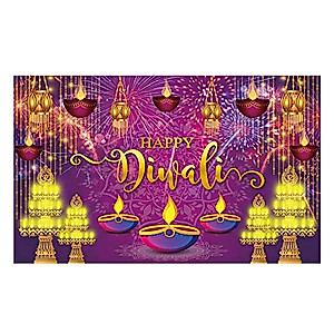 Allenjoy Purple Happy Diwali Festival Backdrop for Photography Pictures Deepavali Hindu Party Supplies Decorations Banner Outdoor Home Wall Decor Photo Booth Props Favors Photoshoot Background