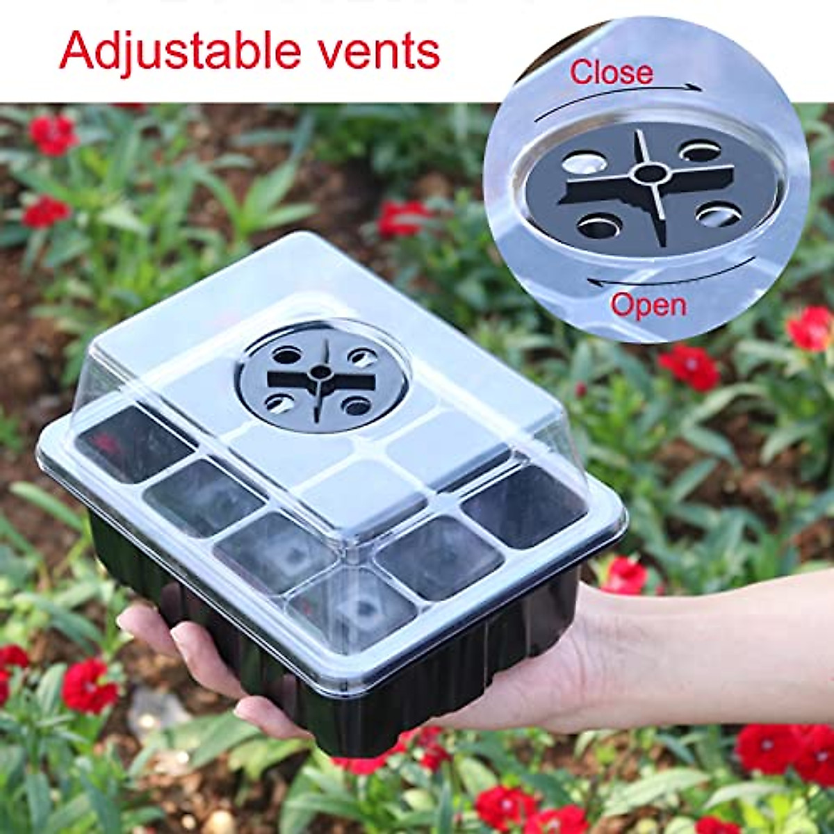 QHC KOCK Seed Starter Tray Seedling Tray (12 Cells Per Tray) Humidity Adjustable Plant Seed Starting Kit with Dome and Base Greenhouse Grow Trays for Plant Growing Starting 5 Packs Black