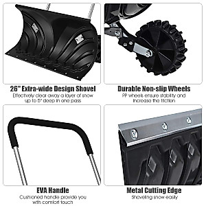 GYMAX Snow Shovel, Rolling Snow Pusher for Driveway, Heavy Duty Snow Plow Shovel with 26” Wide Blade, Built-in Wheels & Adjustable Handle, Wheeled Ergonomic Snow Removal Tools