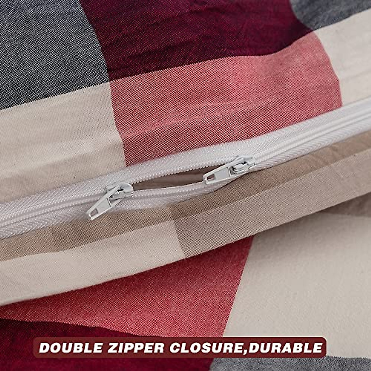 FACE TWO FACE Bedding Duvet Cover Set 3 Pieces 100% Washed Cotton Duvet Cover Linen Like Textured Breathable Durable Soft Comfy (Queen, Blue red Grid)