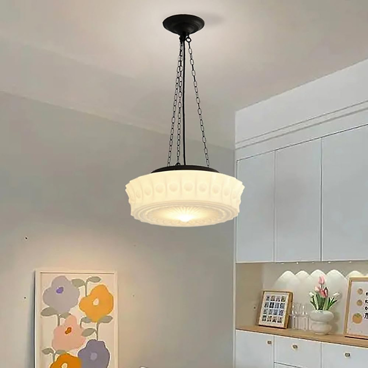 OQHAIR French Minimalist Glass Chandelier Retro Creative Wrought Iron Pendent Lamp Home Bedroom Bedside Restaurant Porch Suspended Chandelier LED Variable Light Indoor Lighting
