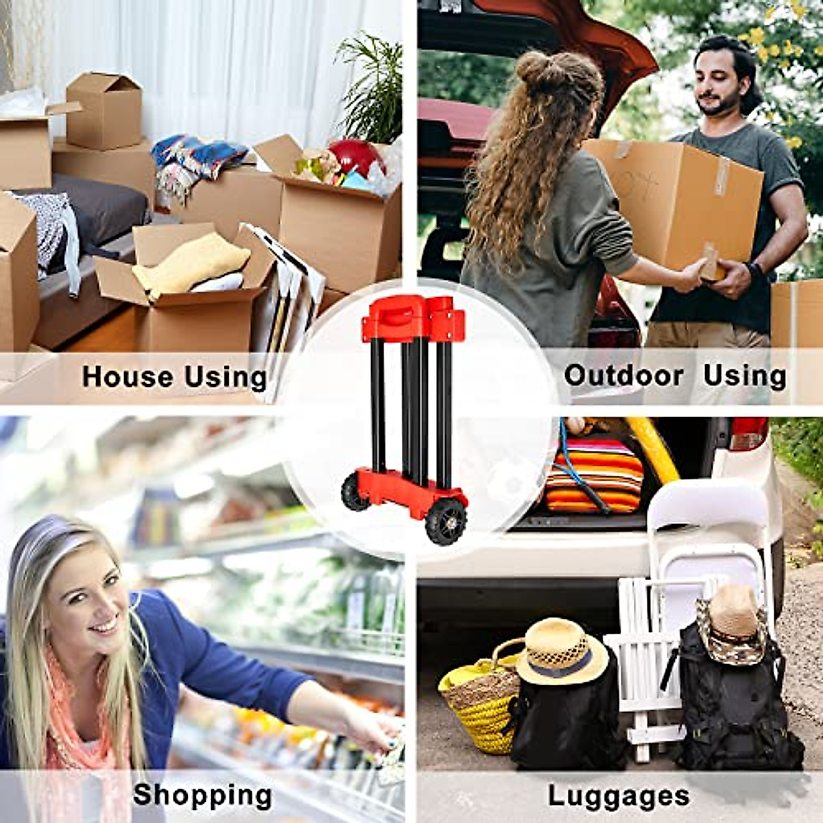 KEDSUM Folding Hand Truck, 290 lbs, 4 Wheels Solid Construction Heavy Duty Utility Cart, Portable Fold Up Dolly, Compact and Lightweight for Luggage, Personal, Travel, Moving and Office Use(Red)