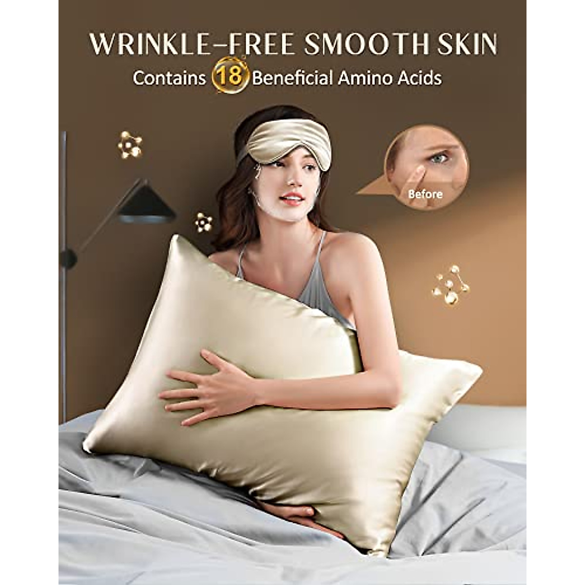 100% Mulberry Silk Pillowcase for Hair and Skin 22 Momme 6A Silk Pillow Case Zippered Soft Smooth Cooling -Standard Size 20"X 26"-with Eye Mask and Laundry Bag, Luxury Gift Set(Beige 1pc)