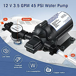 12V Diaphragm Water Pump with Pressure Switch, 3.5 Gpm 45 Psi 12 Volt Pump Self Priming with 50 Mesh Strainer Filter And 2 Hose Clamps, Automatic Water Pump for RV, Garden Hose Booster, Sprayer
