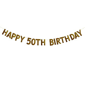 HAPPY 50TH BIRTHDAY Banner for 50th Birthday Party Decorations Pre-strung No Assembly Required Gold Glitter Paper Garlands Backdrops Letters Gold Betteryanzi