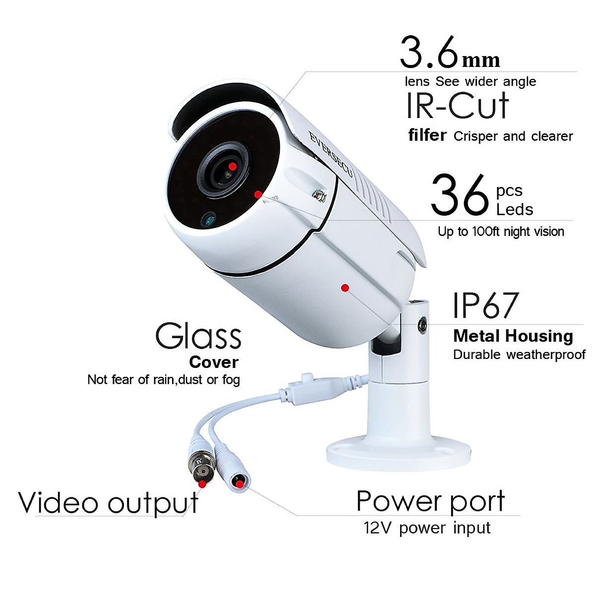 EVERSECU 1080P 2.0MP Coaxial Wired AHD/TVI/CVI/960H Bullet Analog Camera, 2MP Full HD Weatherproof CCTV Security Camera for Outdoor Surveillance, 3.6 mm Lens, Metal, White