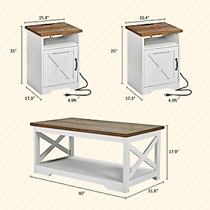AMERLIFE 5-Piece Farmhouse Table Set Include 63" TV Stand with 26" Fireplace, 40" Coffee Table, 2 End Tables with Charging Station & USB Ports, Living Room Table Sets with Barn Door, Rustic Oak&White