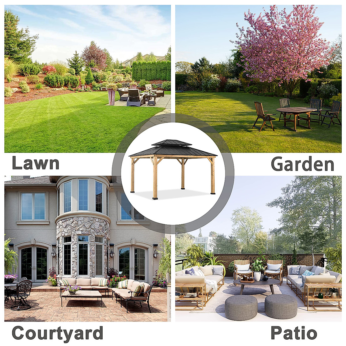 CoastShade 13x15 ft. Outdoor Wood Gazebo, Cedar Framed Patio Gazebo with 2-Tier Brown Steel Hardtop Roof for Patio,Garden,Backyard,Lawn and Deck