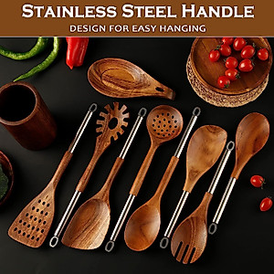 Wooden Spoons for Cooking with Utensils Holder, 10-Pieces Wooden Utensil Set Non-Stick, Natural Teak Cookware Wooden Cooking Spurtle Set, with Stainless Steel Handle