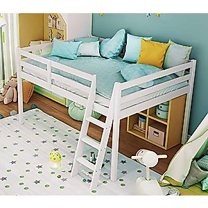 VINGLI Junior Low Loft Bed with Stairs, White Wood Loft Bed Full Size for Adults, Kids and Young Teens, No Box Spring Required,Wood Slat Support