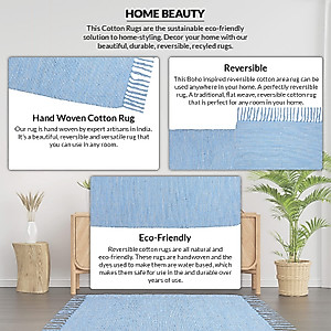 Asraie Boho Eco Friendly Hand Woven & Reversible Cotton Ribbed Rag Rug 100% Recycled Cotton Area Rug for Living Room Kitchen Entryway 2x3' (Sky Blue)