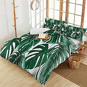 Segard Duvet Cover Set 3 Pieces Queen Bedding Sets Jungle Green Leaves White Soft Luxury Comforter Cover with Pillowcases Microfiber Bedroom Quilt Covers-Zipper Closure Watercolor Palm Tree Leaf