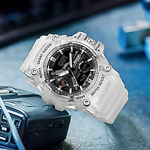 KXAITO Men's Analog Sports Watch Military Watch Outdoor LED Stopwatch Digital Electronic Large Dual Display Waterproof Tactical Army Wrist Watches for Men 3179 (Translucent White)