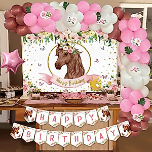 Hombae Horse Party Decorations for Girl, Horse Themed Birthday Backdrop Balloon Garland Artificial Leaves Cutout Happy Birthday Banner Tablecloth Cake Cupcake Topper Floral Horse Pink 126 PCs