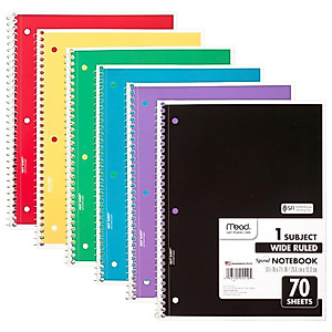 Mead Spiral Notebooks, 6 Pack, 1-Subject, Wide Ruled Paper, 10-1/2" x 8", 70 Sheets per Notebook, Assorted Colors (73063)