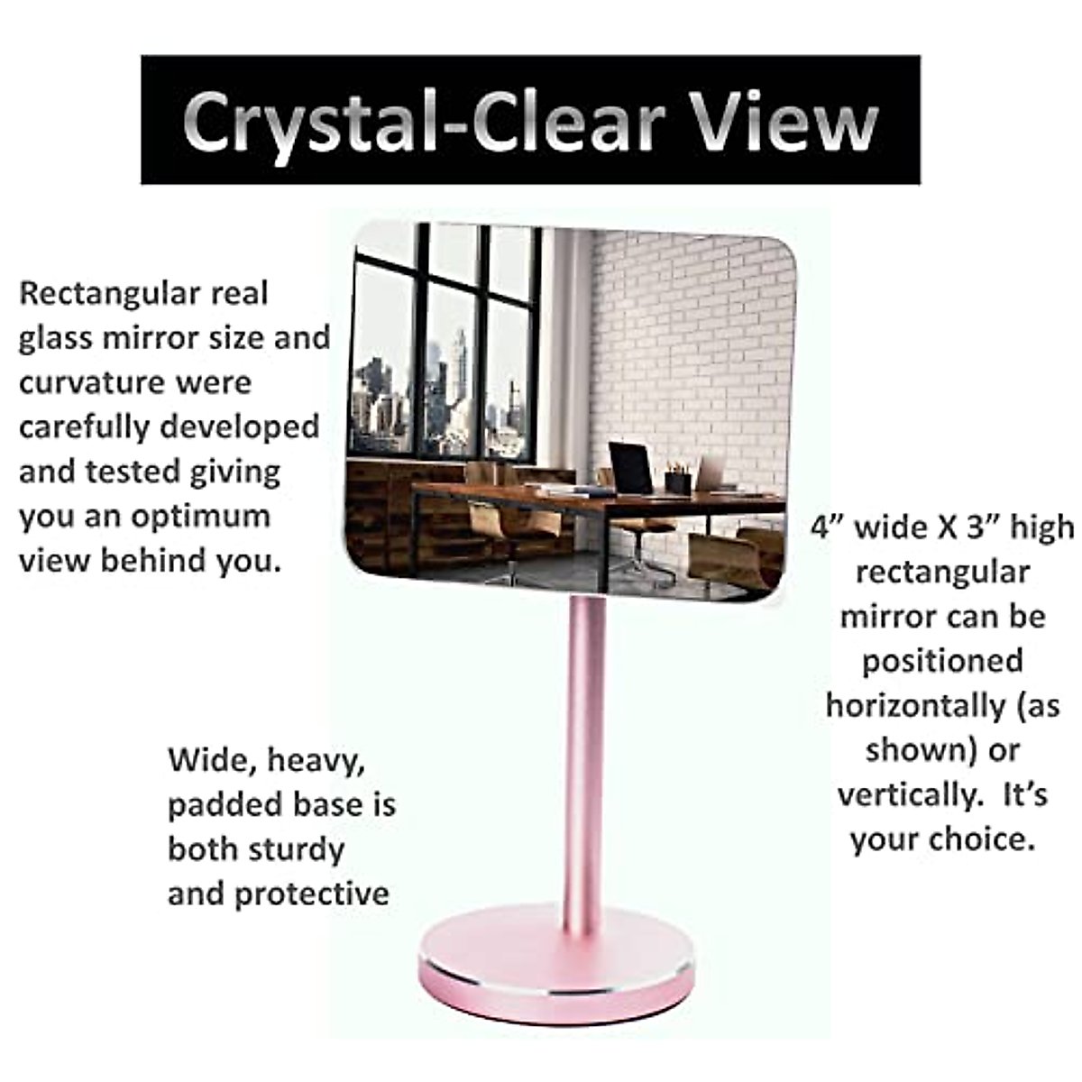 Desk and Cubicle Mirror to see behind you, ROSE-GOLD Stand with detachable Wide Angle real glass Mirror, SMALL & DISCRETE, beautiful design, perfect curvature for an exceptionally clear view