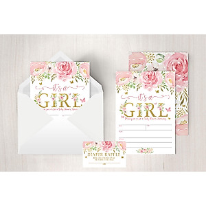 Your Main Event Prints It's a Girl Floral Butterfly Baby Shower Invitation, Pink and Gold Flowers Sprinkle Invites with Diaper Raffle Ticket Cards