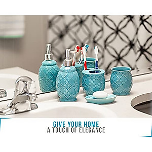 Designer 4-Piece Bathroom Accessory Set – Ceramic Bath Set w/Liquid Soap or Lotion Dispenser, Toothbrush Holder, Tumbler and Soap Dish – Decorative Set w/Embossed Details – Modern Vanity Accessories