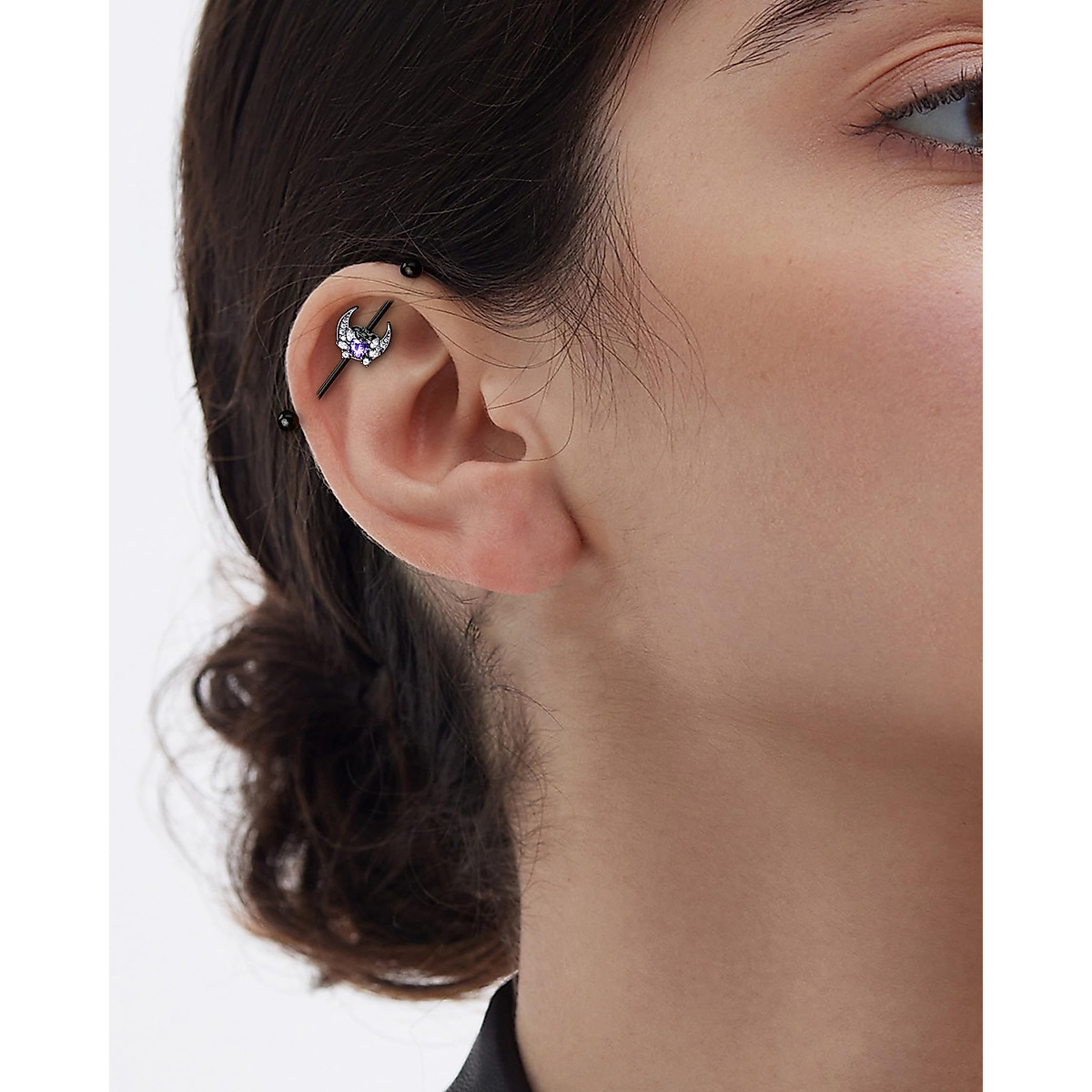 COCHARM Black Moon Industrial Earrings 14g Purple CZ Halloween Industrial Bar Piercing Spoooky Industrial Earring, Halloween Industrial Piercing Jewelry