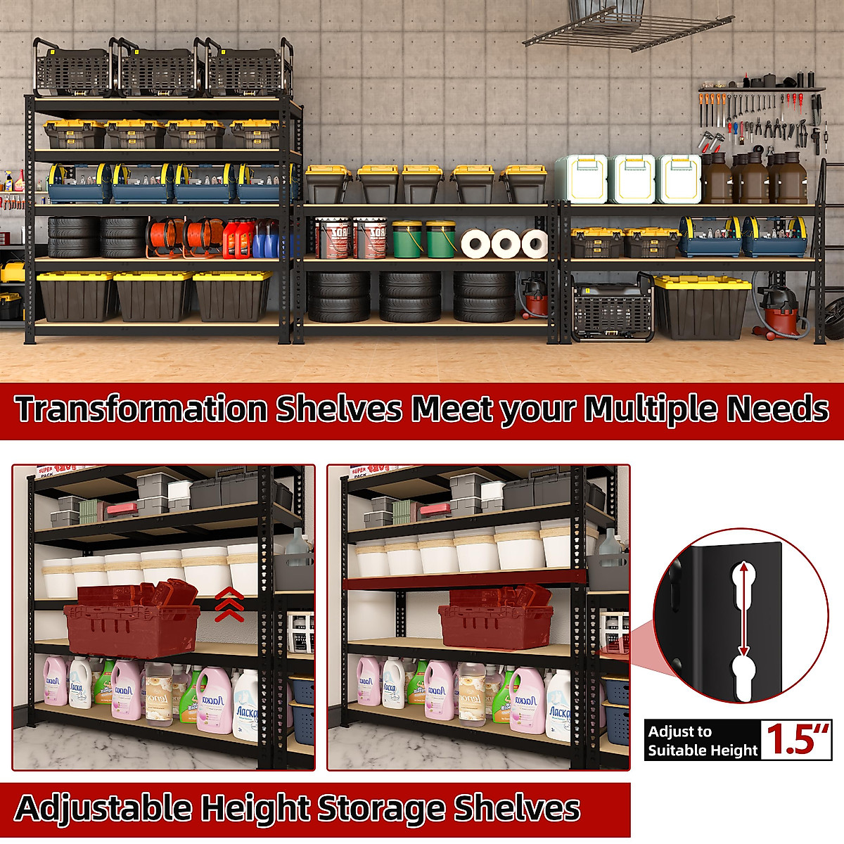 BuxWellBang 48" W x 24" D x 72" H Adjustable Garage Storage Shelves - 5-Shelf Heavy Duty Shelving Unit, Metal Utility Storage Organizer Racks for Warehouse Pantry Closet Kitchen, Black