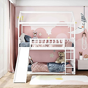 DNYN Twin Size Loft Bed with Slide for Kids Bedroom,Twin-Over-Twin House Shaped Bunkbeds w/Safety Guardrails & Roof Design,Easy Assemble & No Box Spring Need & Space Saving Design, White