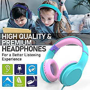 FosPower Kids Headphones (Safe Volume Limit 85 dB), Childrens Headphones Over The Ear with Built-in Mic, 3.5mm Tangle-Free Cable for Boys/Girls/School - Mint/Pink
