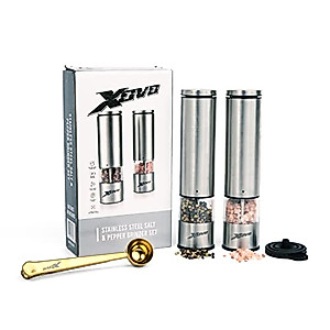 XOVO Electric Salt & Pepper Grinder Set - Battery Operated Stainless Steel Mill With LED Lighting - Electronic Adjustable Shakers - Ceramic Grinders - One Handed Automatic Operation - 2 Pack