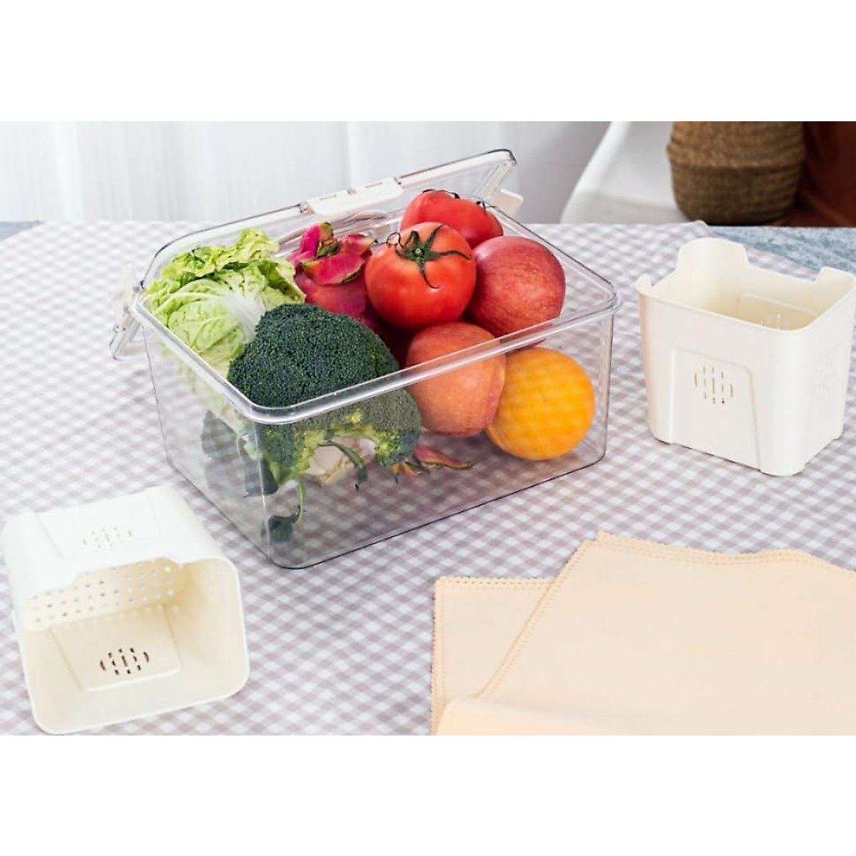 Fruit Containers for Fridge，Fresh Food Containers for Refrigerator，Fruit Containers for Fridge Keep Fresh，Food Box Container with 3 Removable Colanders for Berry，Vegetable, Refrigerator Organizer Bins