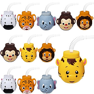12 Set Zoo Animal Cups with Straws and Lids, 10 oz Plastic Reusable Safari Jungle Animal Theme Party Kids Cups for Elephant, Monkey, Lion, Tiger, Zebra, Giraffe, Safari Birthday Party Supplies
