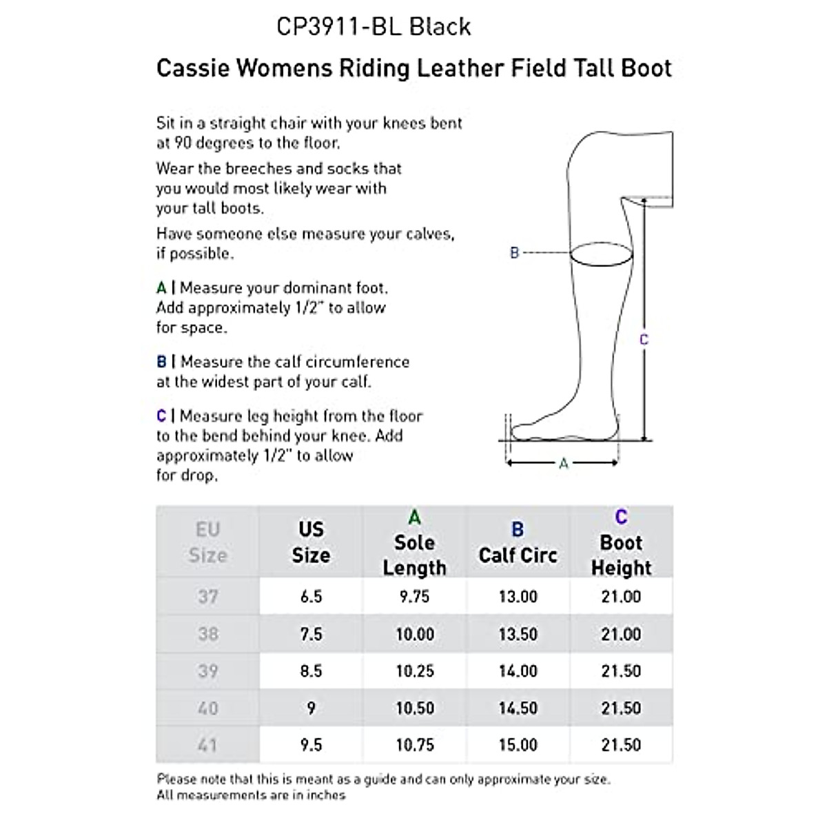 HORZE Cassie Womens Equestrian Riding Leather Field Tall Boots - Black - 9