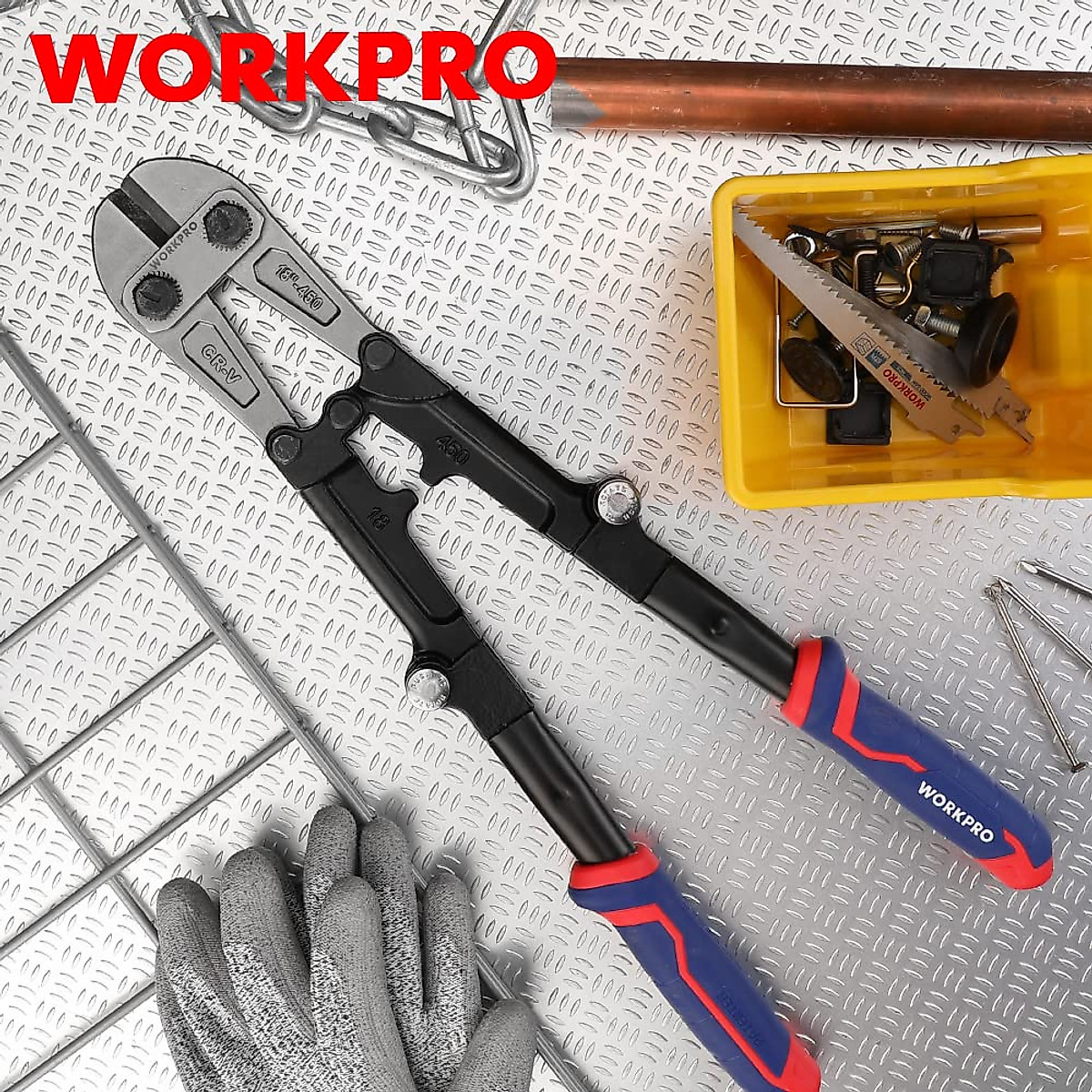 WORKPRO 18-Inch Foldable Bolt Cutter, Tri-Material Handle with Comfort Grip, Chrome Vanadium Steel Blade, for Rods, Bolts, Rivets, Wires, Cables and Chains