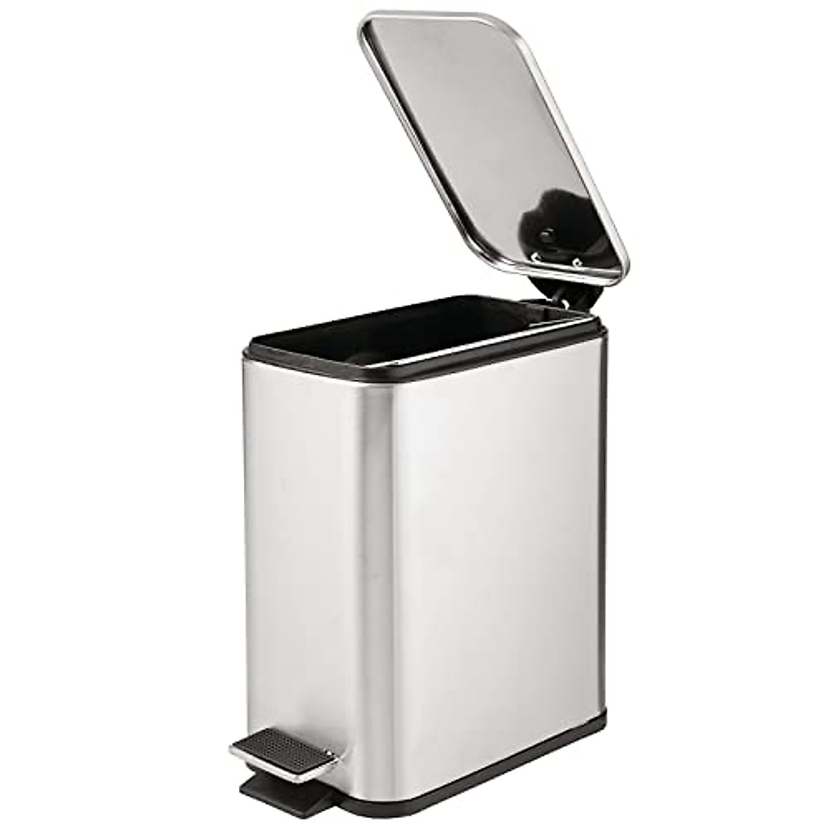 mDesign Slim Metal Rectangle 1.3 Gallon/5 Liter Trash Can with Step Pedal, Easy-Close Lid, Removable Liner - Narrow Wastebasket Garbage Container Bin for Bathroom, Bedroom - Brushed Stainless Steel
