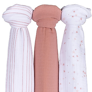 Ely's & Co. Muslin Swaddle Blanket 3-Pack for Baby Girl — 100% Cotton Muslin Extra-Large Swaddle Blankets (47” x 47”) — (Mauve Pink Stars │ Solid Dusty Rose │ Dusty Rose Stripes)