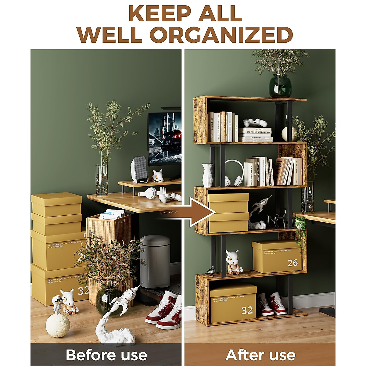 Gadroad 5-Tier Geometric Bookcase,S Shaped Bookshelf, Wood Decorative Storage Shelving, Modern Freestanding Display Shelves, Tall Book Shelf Unit for Living Room Bedroom, Rustic Brown