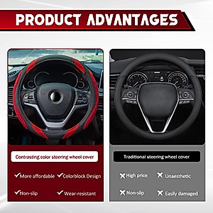 XCBYT Steering Wheel Cover - 14.5-15 Inch Car Microfiber Leather Steering Wheel Wrap Black Red Sports Fan Design Non-Slip for Man Women