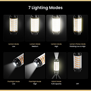 ARROWHEAD OUTDOOR 3.5-inch Convertible LED Camping Lantern Flashlight, 7 Lighting Modes, USB-C Charging, IP6X, Max. 90 Lumens, Tripod and Carabiner Included, Black