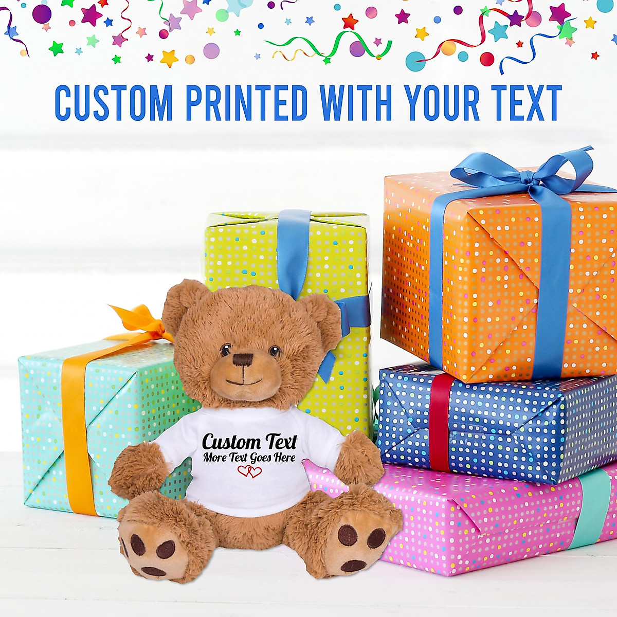 TeesAndTankYou Custom Teddy Bear 8 Inch with Custom Text, Personalized Gift for Anniversary, Graduation, Christmas, Brown Stuffed Animal White Shirt CT