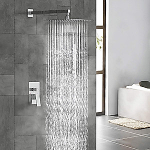 EMBATHER Shower System Chrome Shower Faucet Sets with 12" Rain Shower Head For Bathroom, Wall Mounted Square Shower Combo Set With Adjustable Handheld Bracket (Contain Rough-in Valve & Trim)