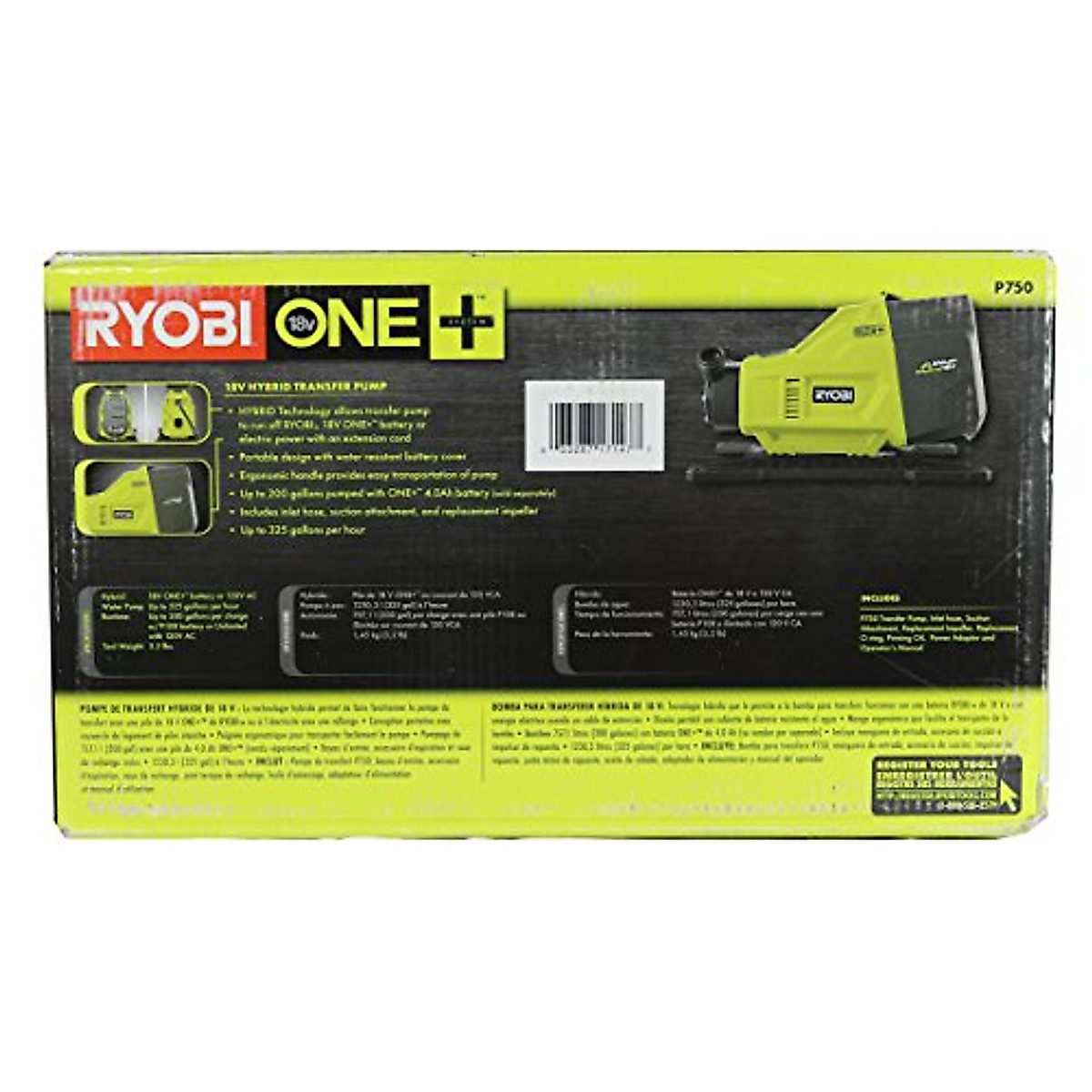 Ryobi P750 One+ 18V Hybrid Lithium Ion Battery or 120V AC Powered Portable Potable Water Transfer Pump (Battery Not Included, Tool Only)