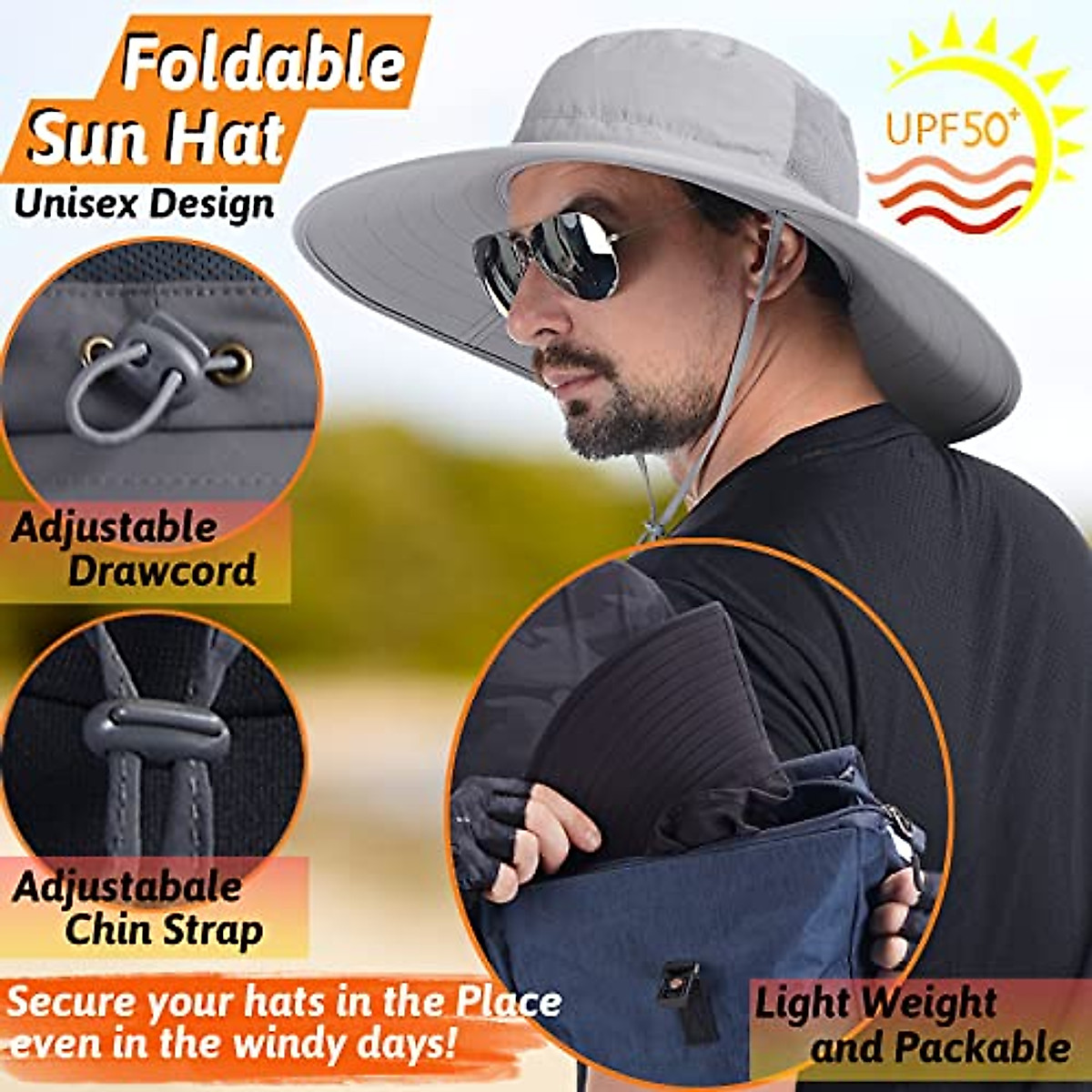 USHAKE Foldable Super Wide Brim Fishing Hat Bucket Safari Hat, UPF 50+ Sun Hat
