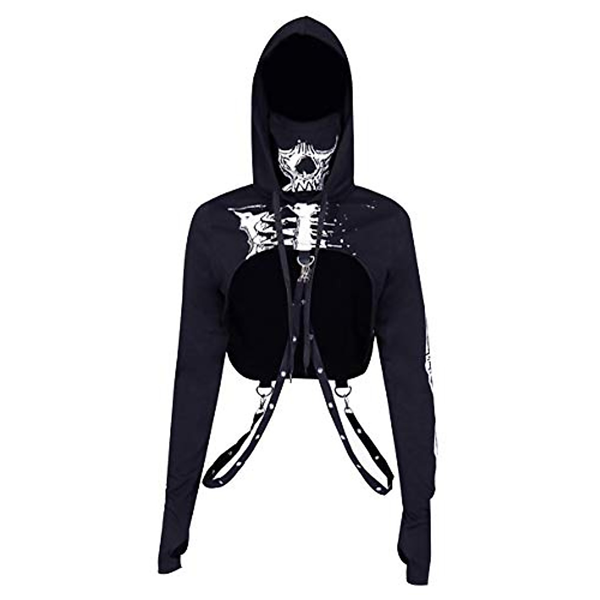 Women Gothic Skeleton Print Hoodies Mask Bandage Crop Top Lace Up Pullover Sweatshirt for Rave Festivals Streetwear