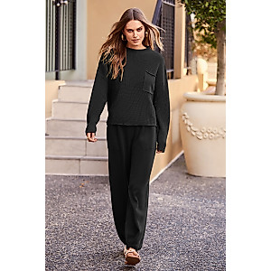 PRETTYGARDEN Women's Winter 2 Piece Sweater Set Casual Pullover Top High Waisted Sweatpants Tracksuit Lounge Outfits (Black,Medium)