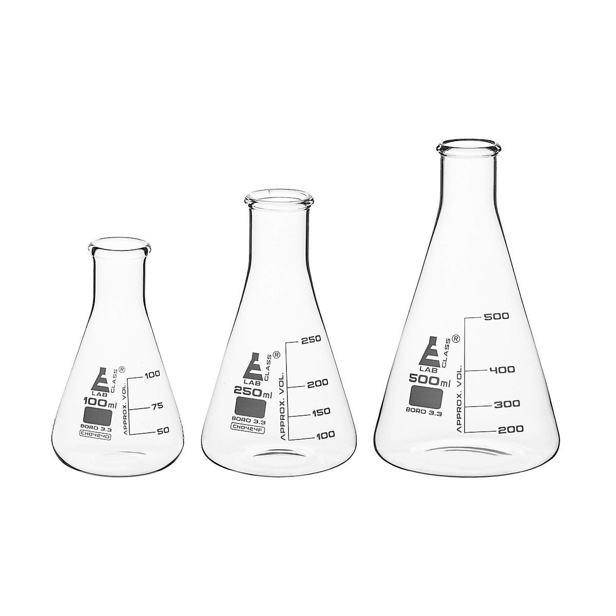 EISCO Premium Erlenmeyer Flask Set - 100ml, 250ml & 500ml Narrow Neck, White Graduations Superior Durability Chemical Resistance Borosilicate 3.3 Glass- Eisco Labs