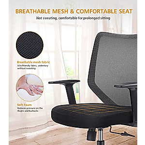 Desk Chair Ergonomic Office Chair with Adjustable Armrests, Reclining Tilt Function & Breathable Mesh Mid Back Home Office Chair with PU Wheels, Computer Task Chair with Lumbar Support & Arms (Black)