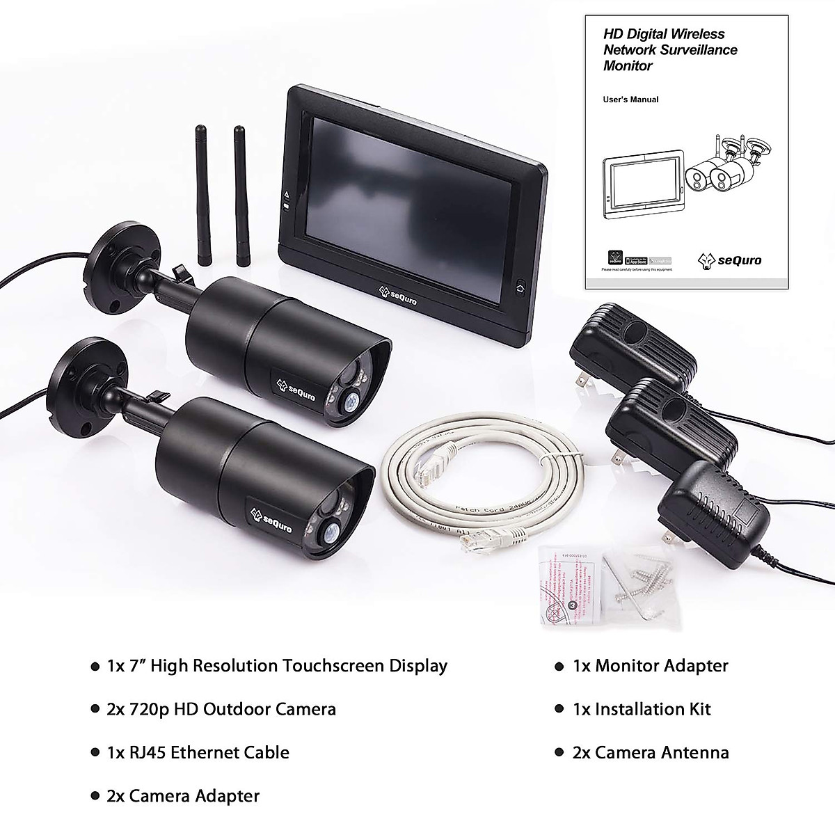 SeQuro-Security-Camera-Monitor-Wireless 720P Outdoor Bullet Cameras, Portable Security Monitor, Night Vision, Waterproof, Motion Sensor Home Surveillance DVR Kits